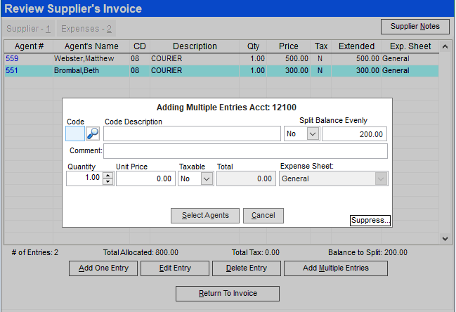 Edit an invoice that has an agent expense entry (Back Office)
