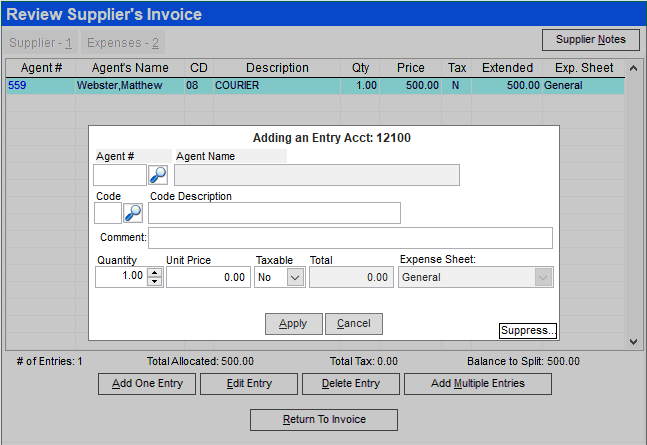 Edit an invoice that has an agent expense entry (Back Office)