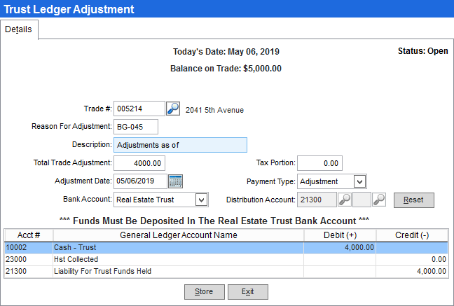 Adjust a trust deposit entry in a transaction (Back Office)