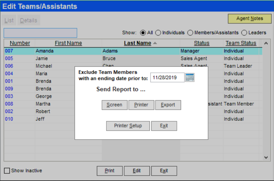Print a team list (Back Office)
