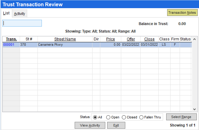 Review trust or escrow activity for a transaction (Back Office)