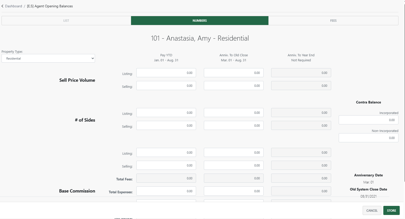 Enter agent opening numbers (new Back Office)