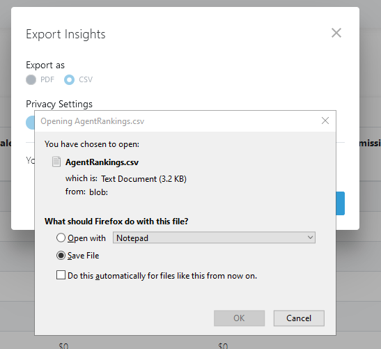 Export the agent dashboard as a CSV file (Insights)