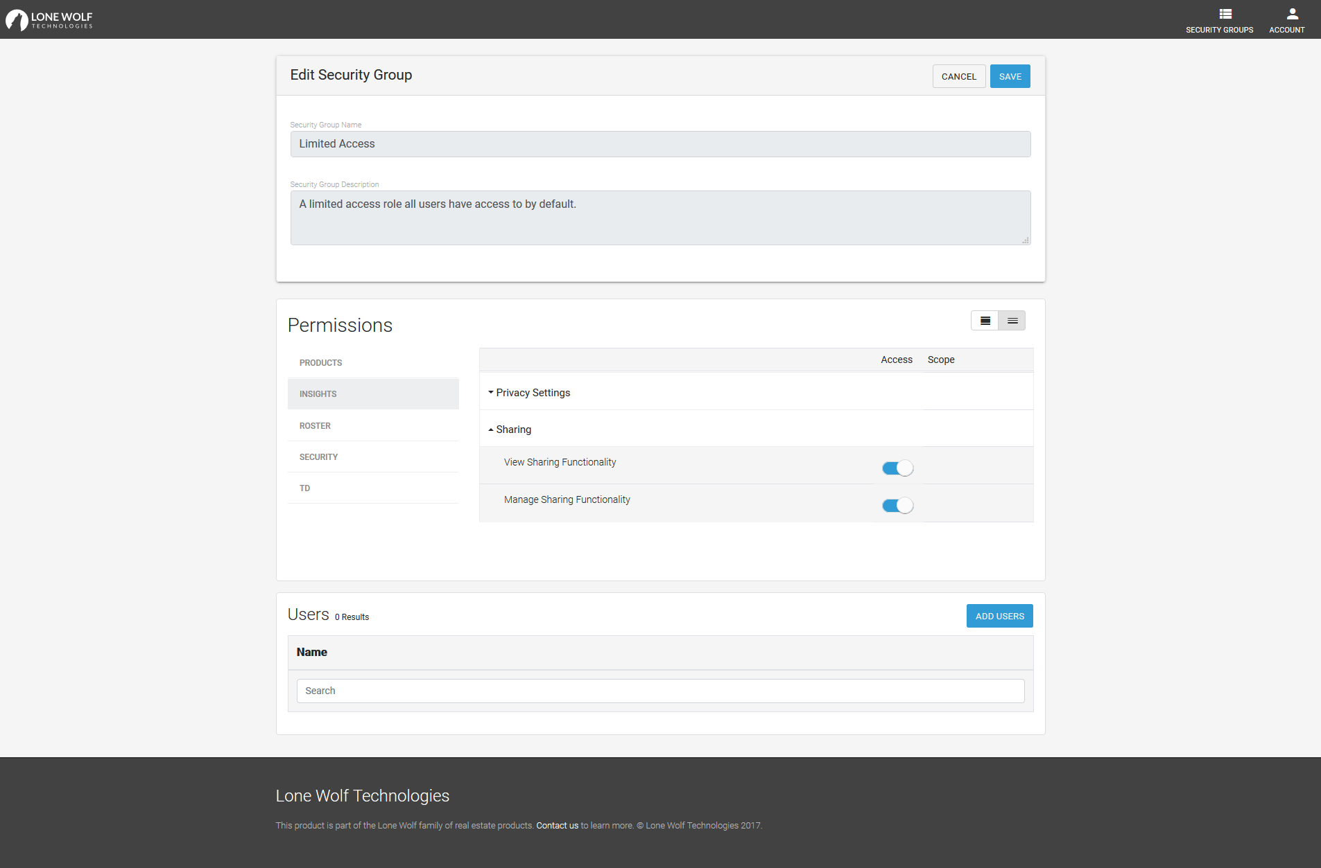 Manage a Security Group (Lone Wolf Home)
