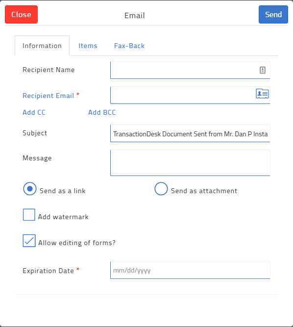 Email a form from a transaction (TransactionDesk Edition)